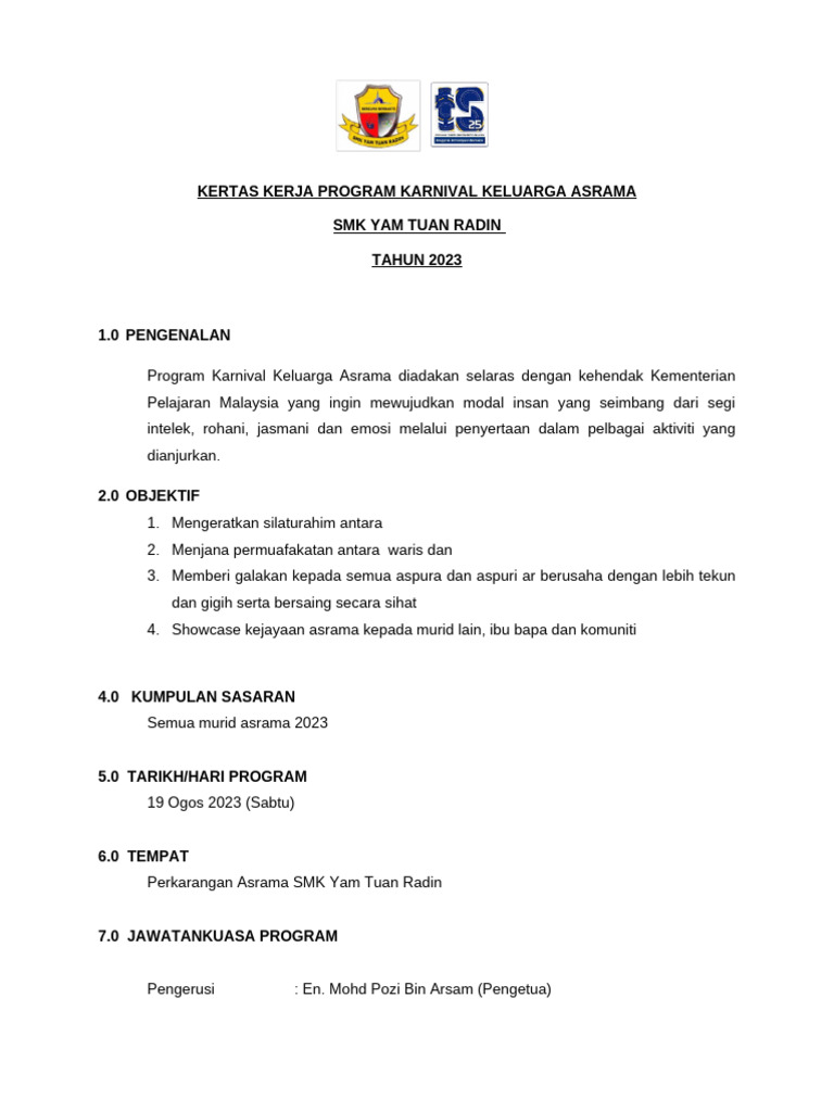 Kertas Kerja Program Orientasi Asrama Tahun 2021 | PDF