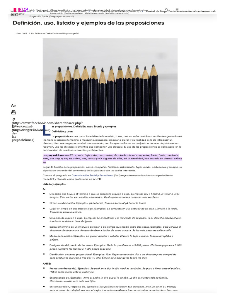 Las Preposiciones - Definición, Usos, Listado y Ejemplos - UPB | PDF ...