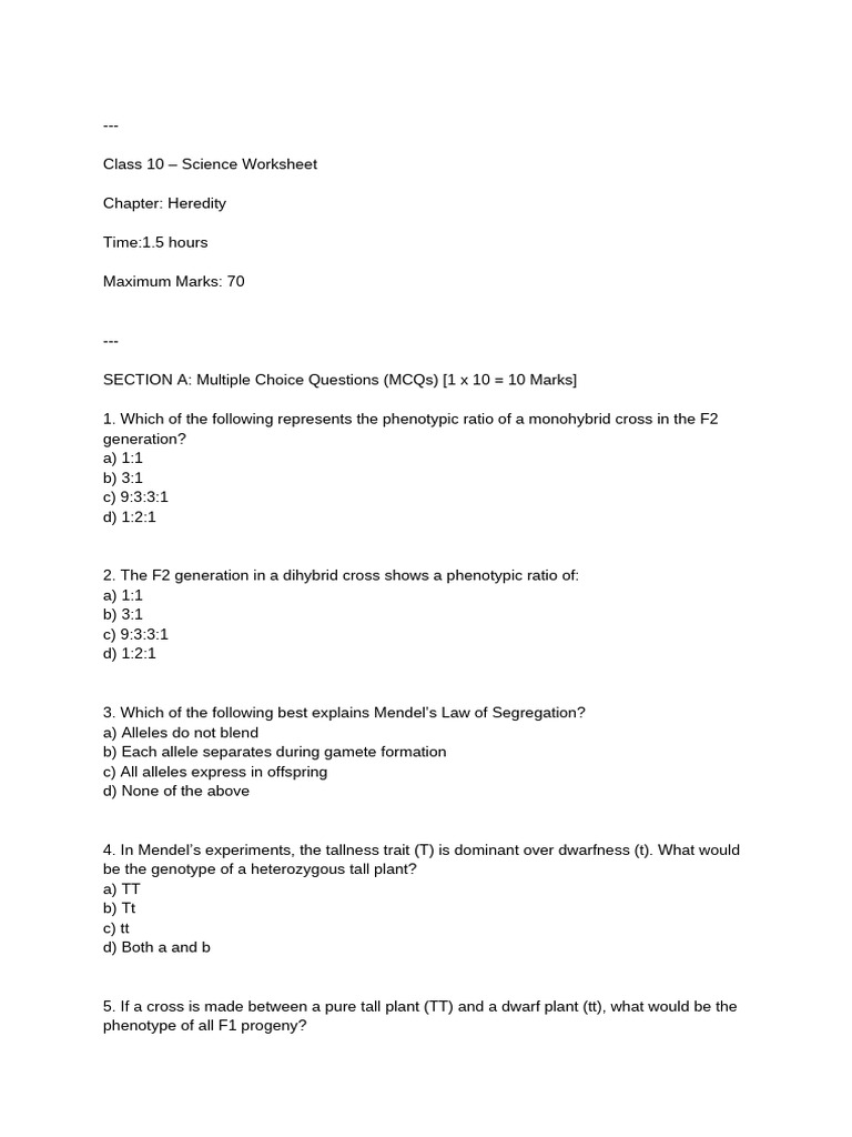 Heredity Worksheet Class 10 | PDF