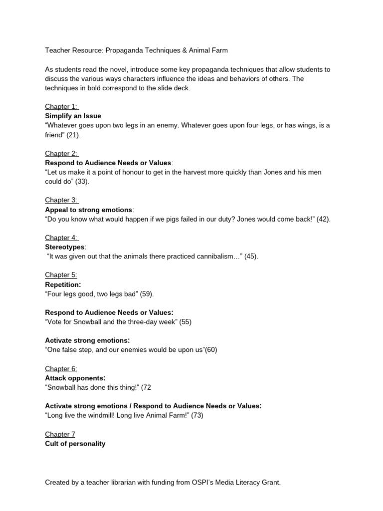 Teacher Resource Propaganda Techniques Animal Farm Hzil9XU | PDF