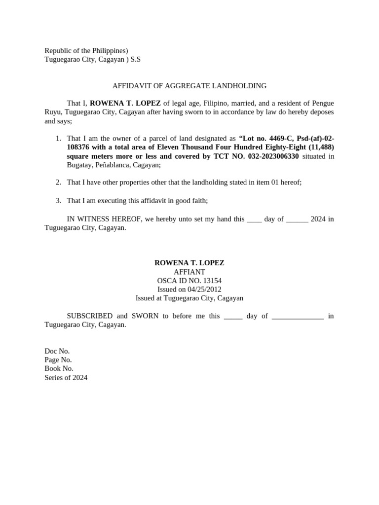 Affidavit of Aggregate Landholding-Rowena T. Lopez | PDF