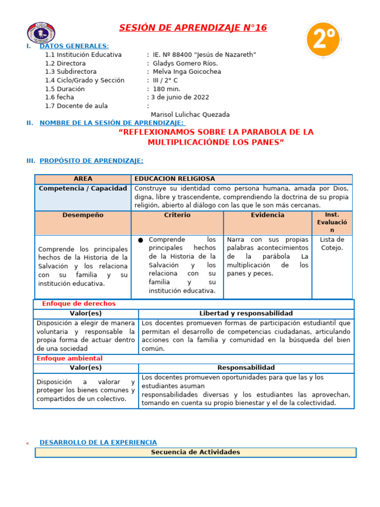 SESION DE APRENDIZAJE N 19 LA MULTIPLICACIÓN DE PANES | PDF SESION DE APRENDIZAJE N 19 LA MULTIPLICACIÓN DE PANES | PDF