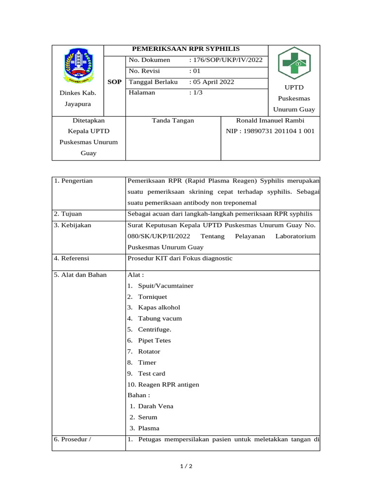 SOP PEMERIKSAAN RPR SIFILIS | PDF