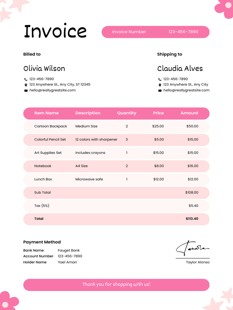 Cute Pink Patterned Invoice | PDF