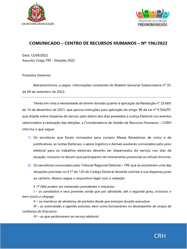 Comunicado Centro de Recursos Humanos #196/2022: - Secretaria Da ...