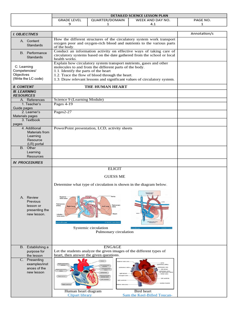 Human Heart Lesson Plan for Grade 9 | PDF | Heart Valve | Science ...