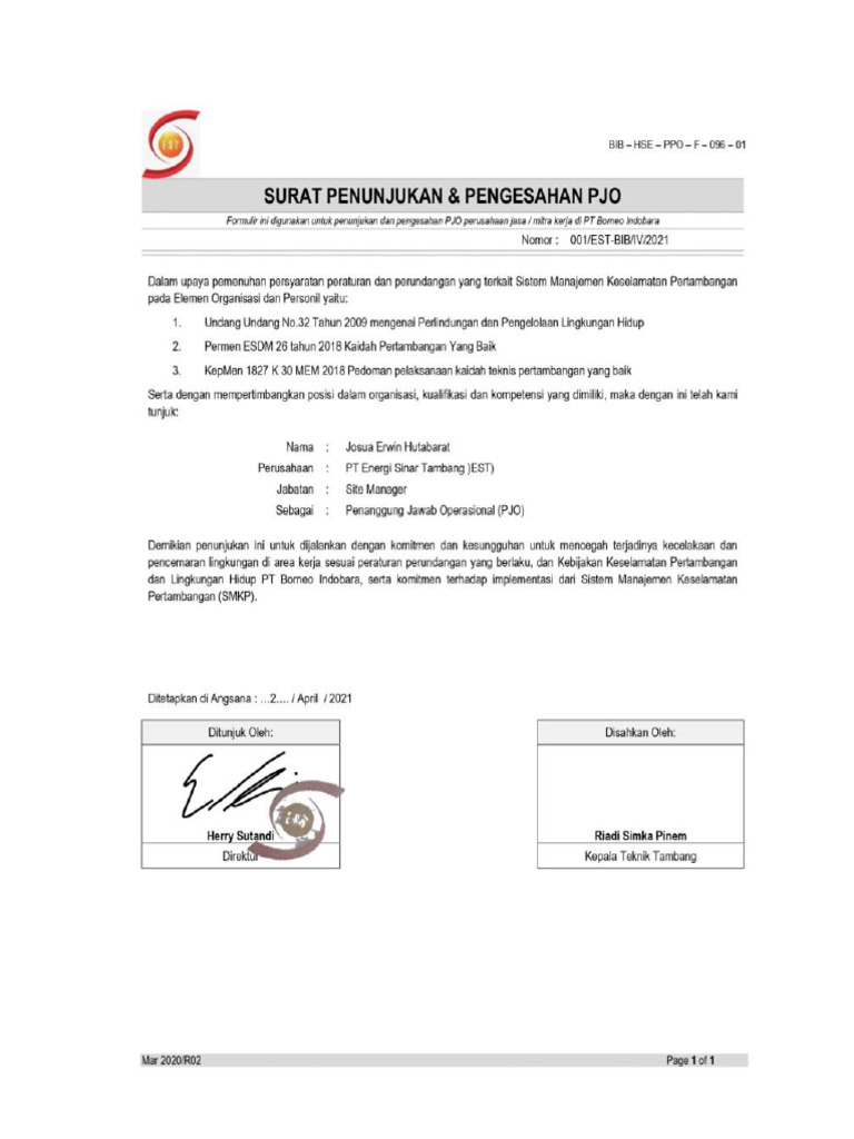 BIB-HSE-PPO-F-096-01 Surat Penunjukan Dan Pengesahan PJO Signed | PDF