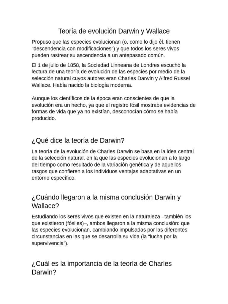Teoría de Evolución Darwin y Wallace | PDF