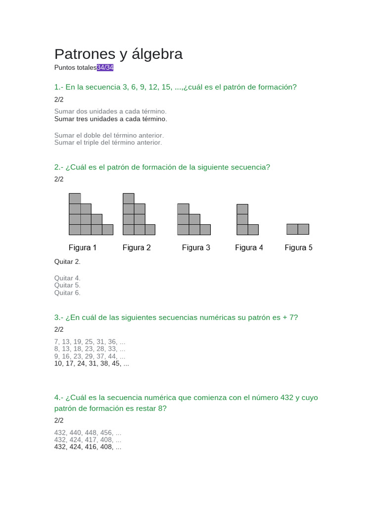 Prueba Patrones y Algebra | PDF