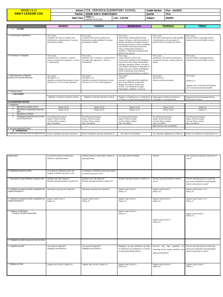 Q1 Week 4 DLL Mapeh 5 | PDF