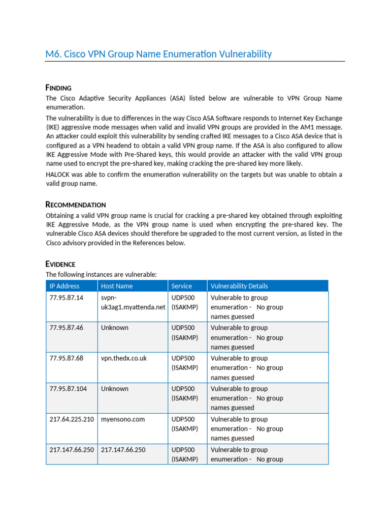 Cisco VPN Group Name Enumeration Vulnerability | PDF