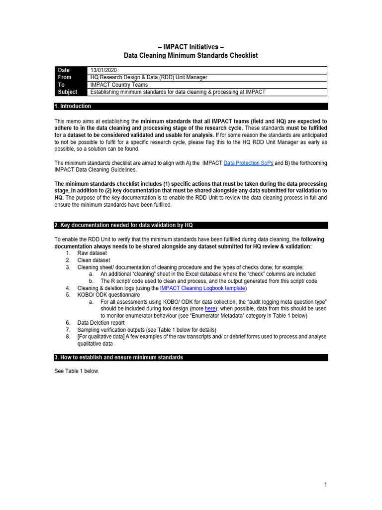 IMPACT_Memo_Data-Cleaning-Min-Standards-Checklist_28012020-1 | PDF