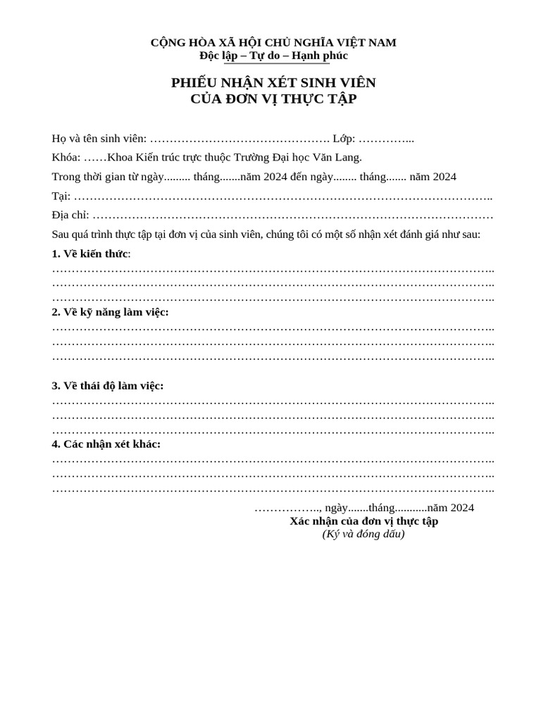 Mau - Nhan Xet Cua Don VI Thuc Tap | PDF