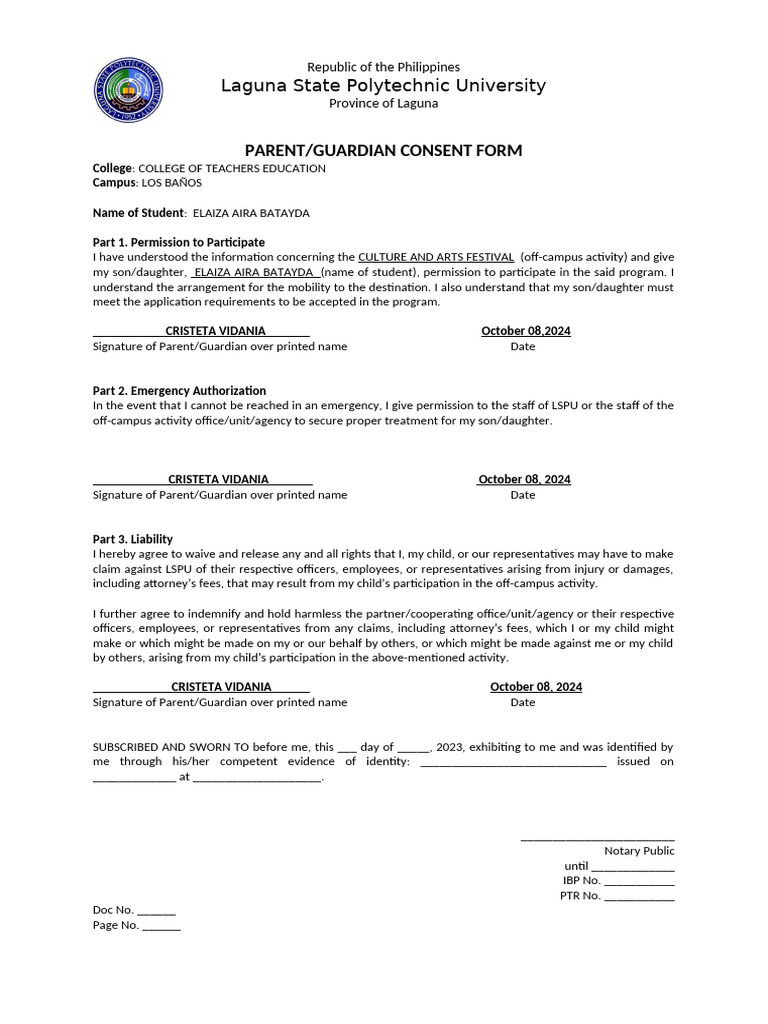 Parent or Guardian Consent Form | PDF