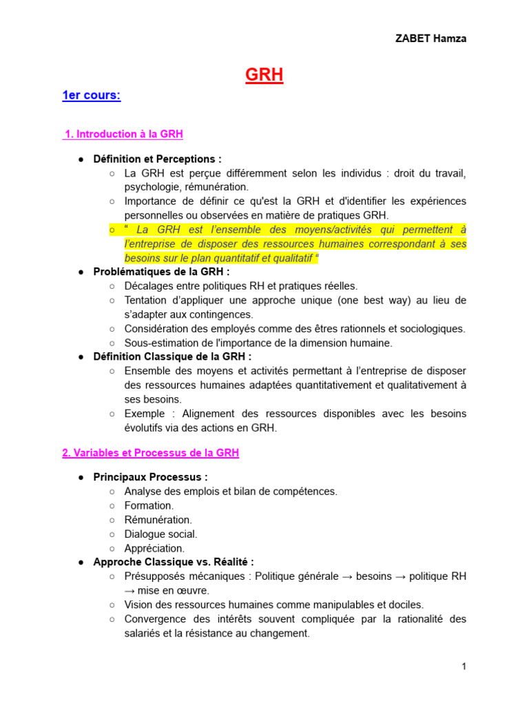 1er Cours:: 1. Introduction À La GRH | PDF