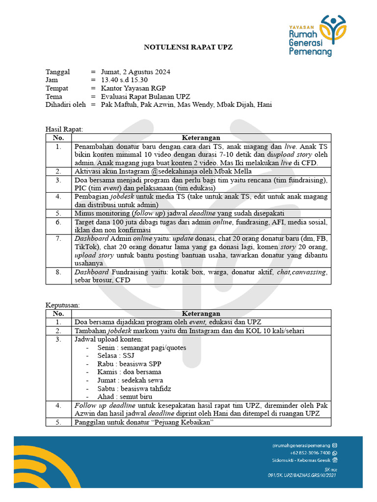 Notulensi Rapat Upz 2-8-24 | PDF