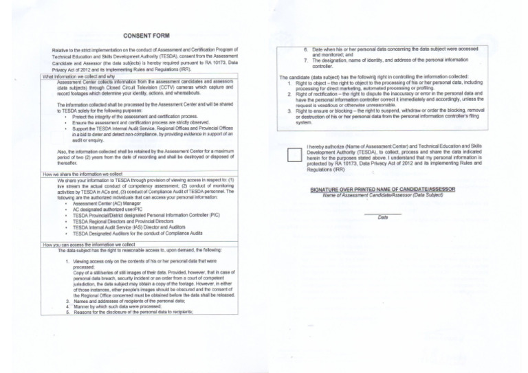 CCTV Consent Form Tesda | PDF