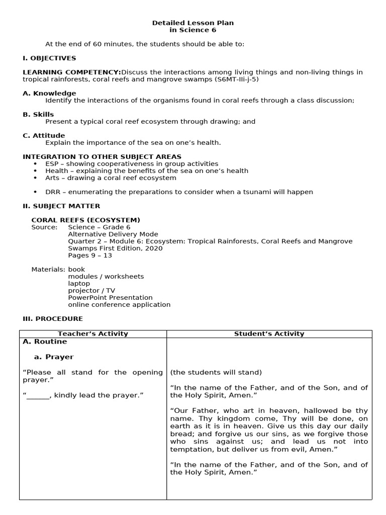 (Science 6) - Coral Reefs (Ecosystem) 4As Detailed LP | PDF
