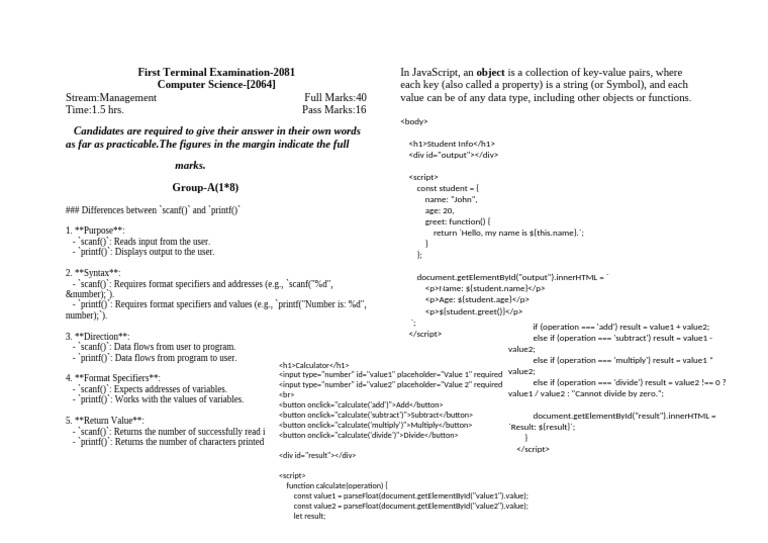First Terminal Examination-2081 Computer Science - (2064) Object | PDF