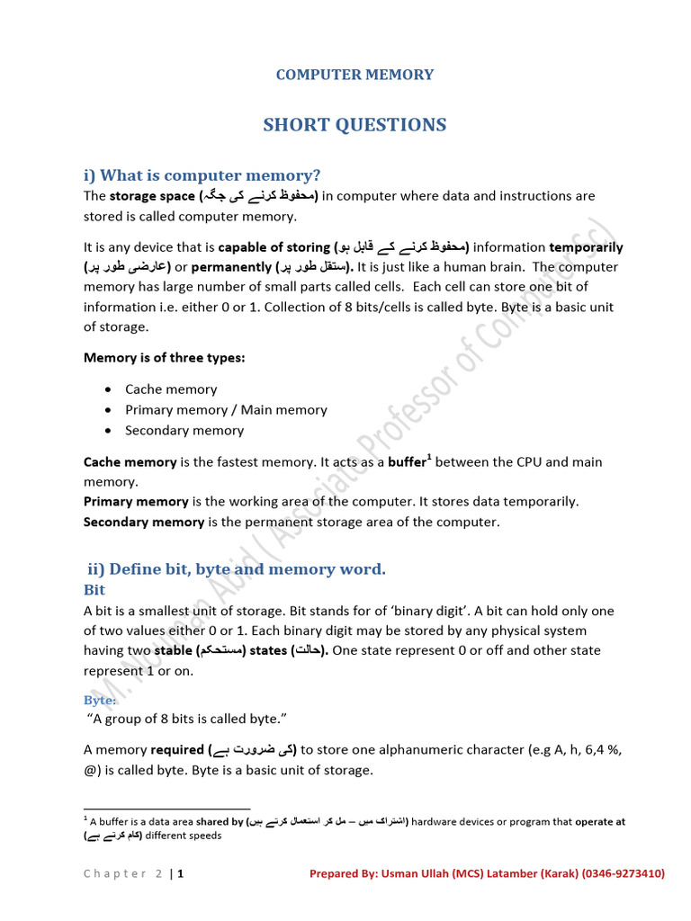 Done CH 2 1st Year (Usman Sir) Computer Memory | PDF | Random Access Memory | Computers