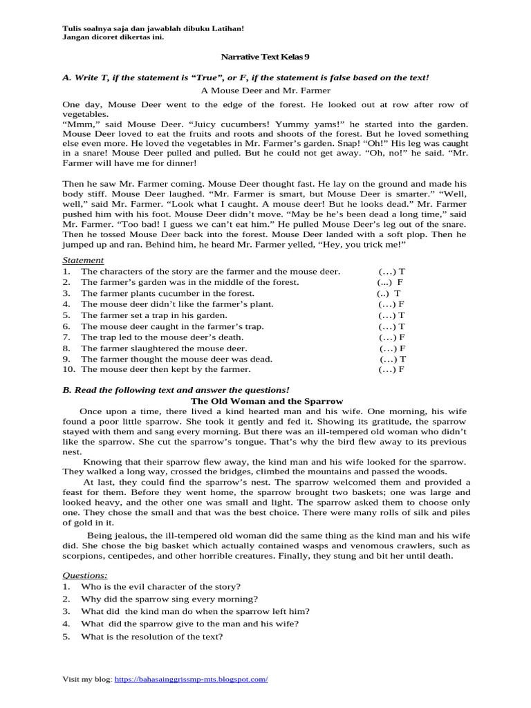 Worksheet 2 Narrative Text Kelas 9 | PDF