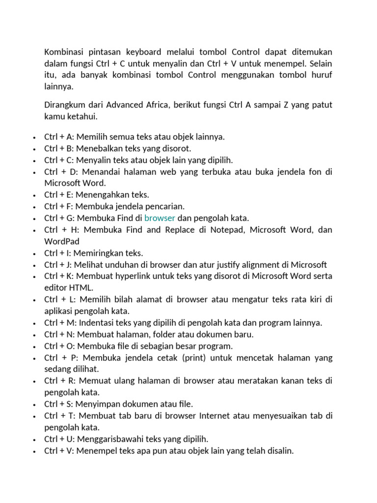 Kombinasi Pintasan Keyboard Ctrl A-Z | PDF