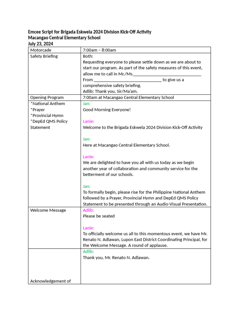 Final Emcee Script For Brigada Eskwela 2024 Division Kick Off | PDF