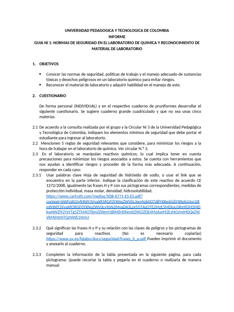 Guia #1 Informe Normas de Seguridad y Reconocimiento de Material de Laboratorio | PDF