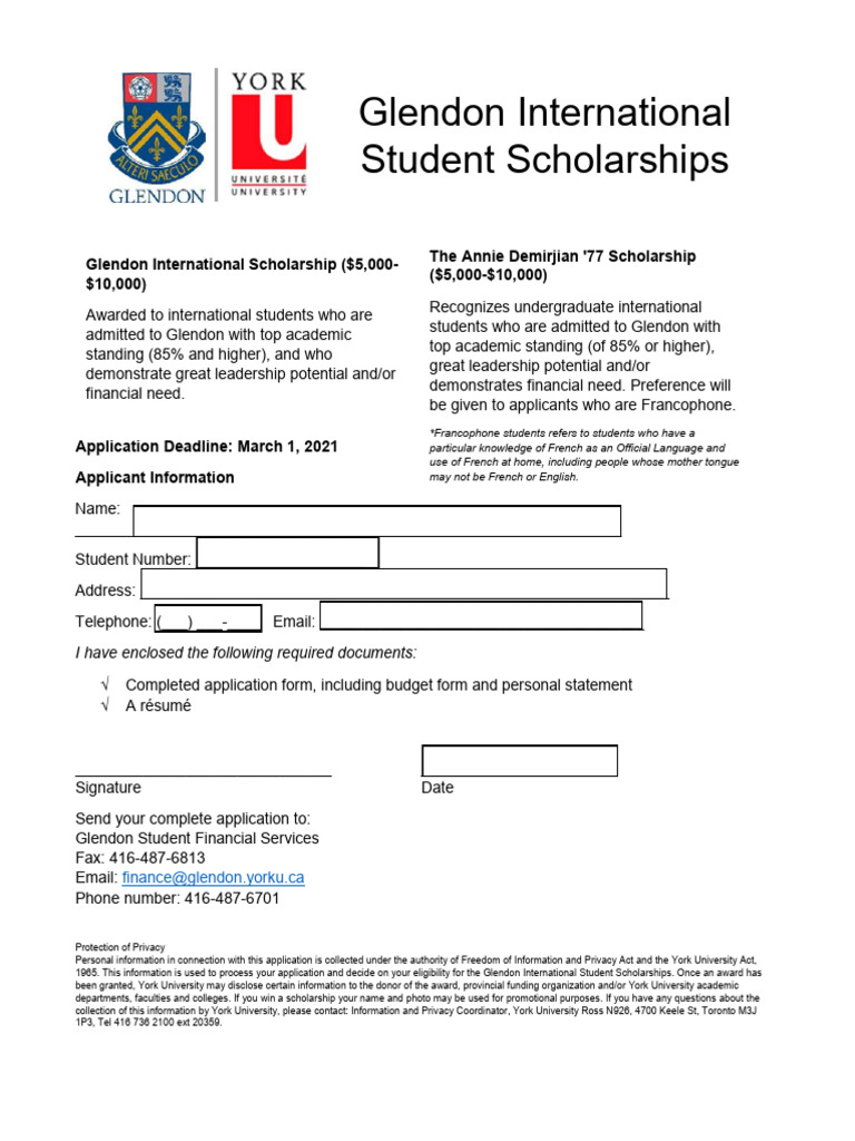 Glendon International Scholarship Application 2021 | PDF | York University