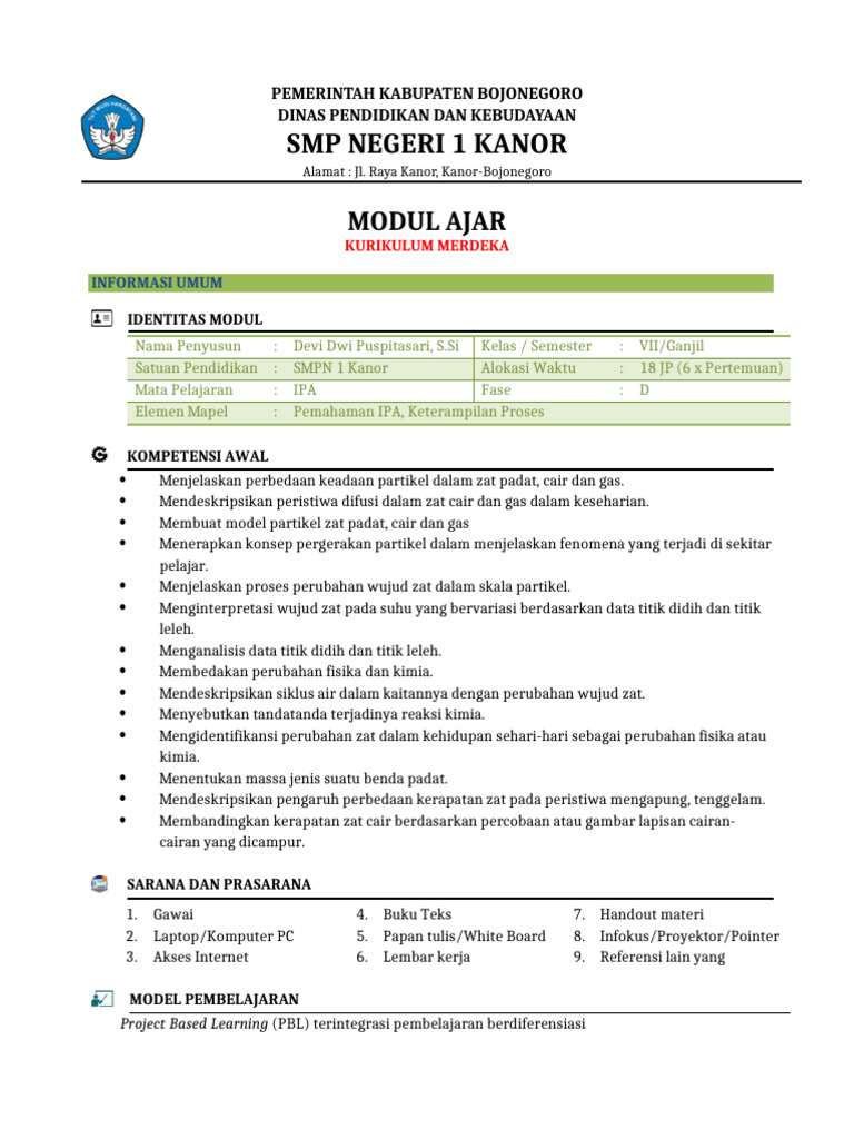Modul Ajar Zat Dan Perubahannya KLS 7 | PDF
