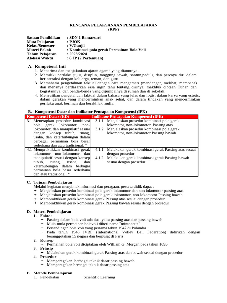 RPP. KD 3.1 Bola Voli | PDF