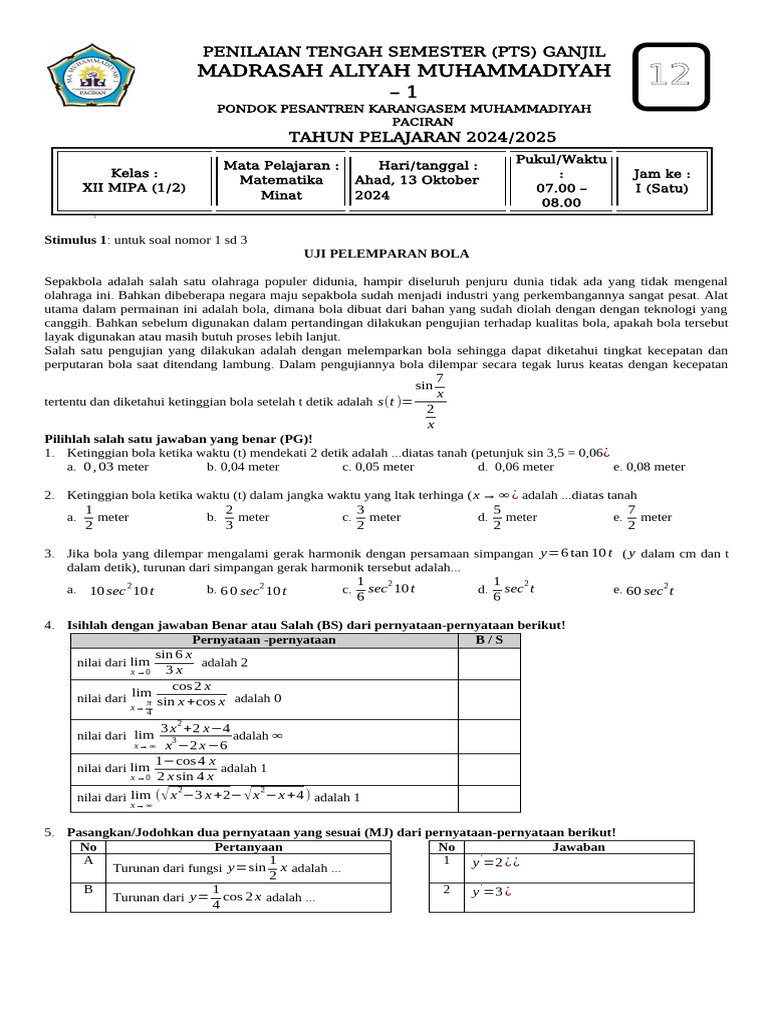 Soal Pts MTK Minat Kelas Xii Mipa | PDF