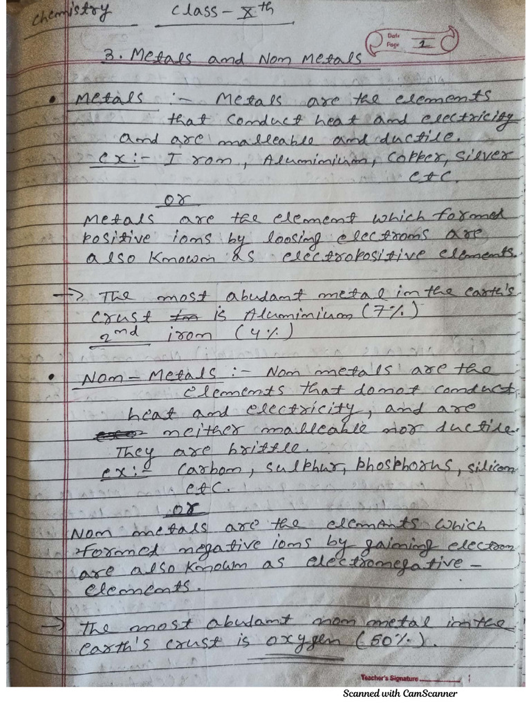 Chemistry, Class 10 (Metals and Nonmetals) ..Notes | PDF