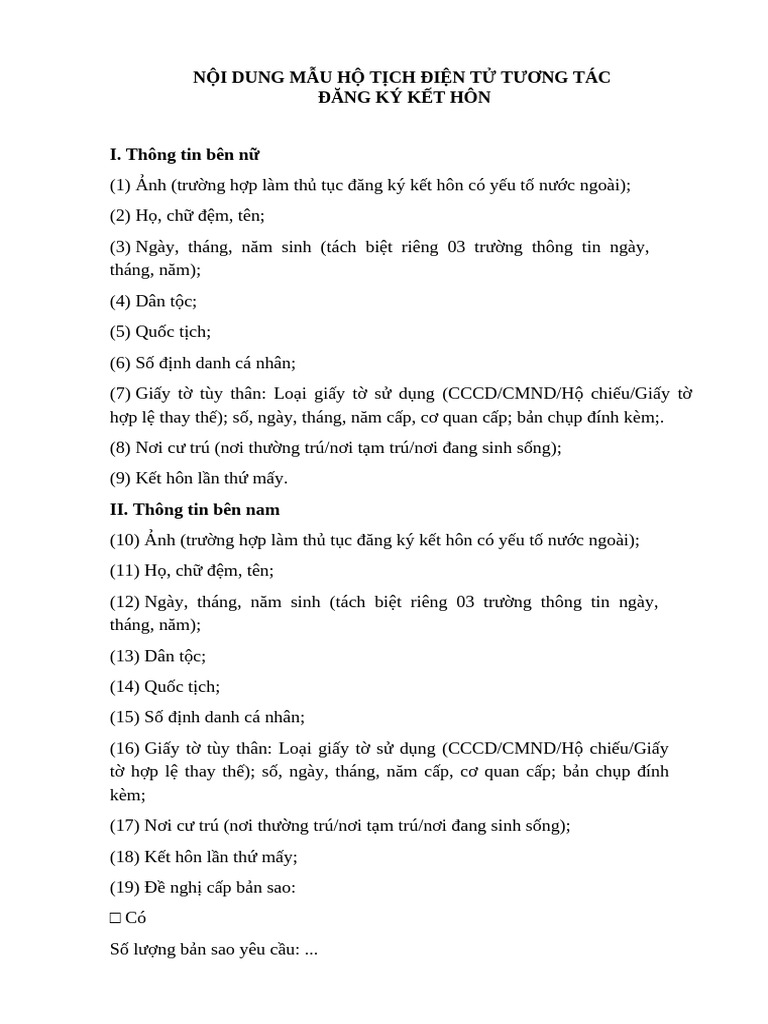 Mẫu Hộ Tịch Điện Tử Tương Tácđăng Ký Kết Hôn 2 | PDF