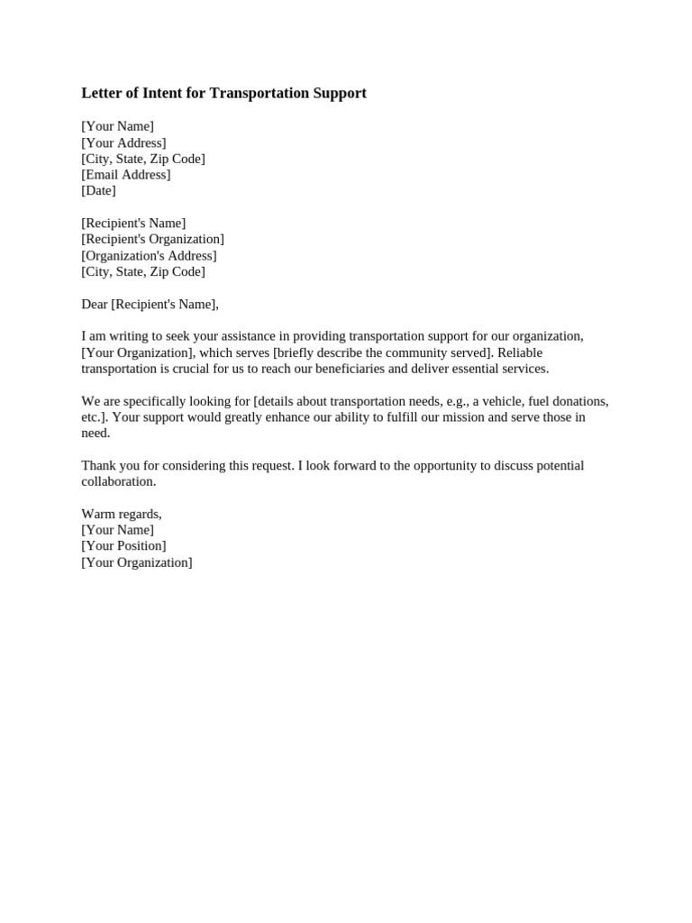 Letter of Intent for Transportation Support Template | PDF