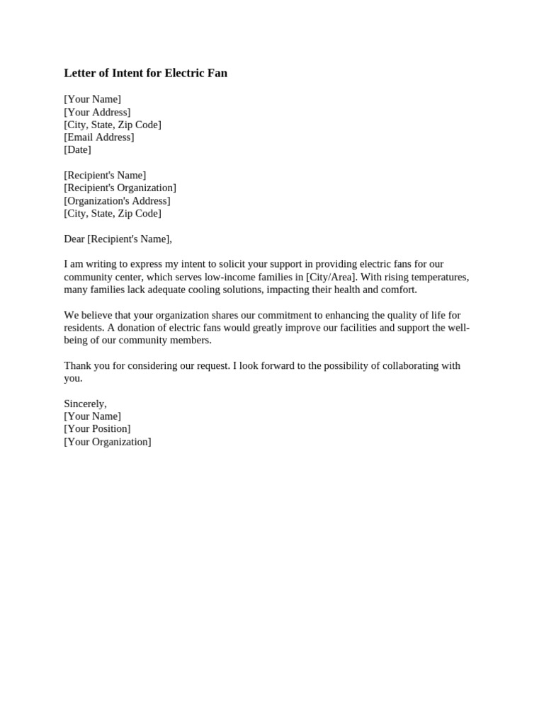 Letter of Intent for Electric Fan Template | PDF