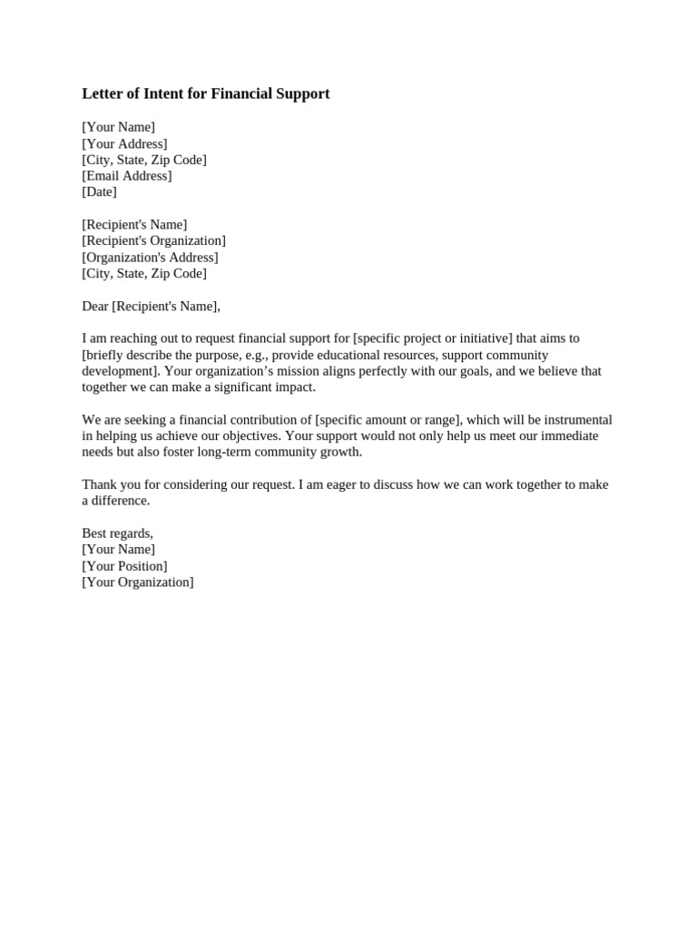 Letter of Intent For Financial Support Template | PDF
