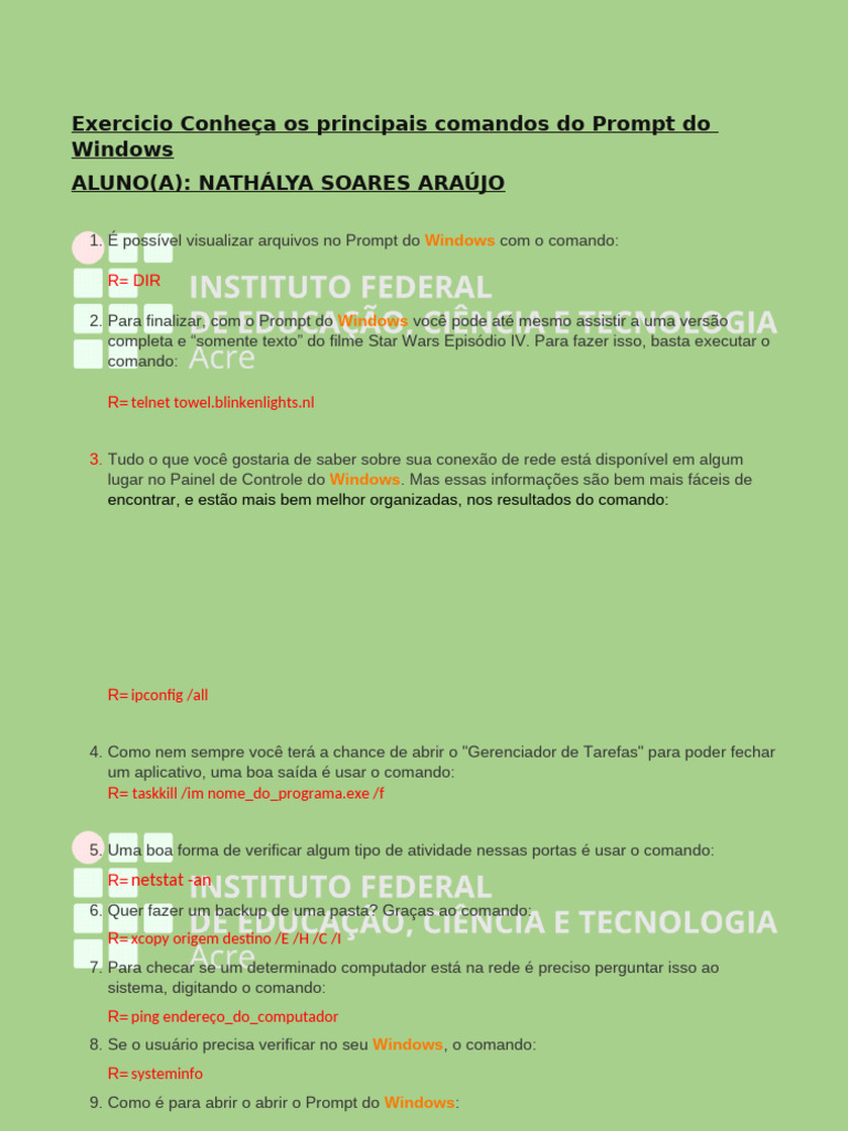 Exercicio - Mari Conheça Os Principais Comandos Do Prompt Do Windows | PDF