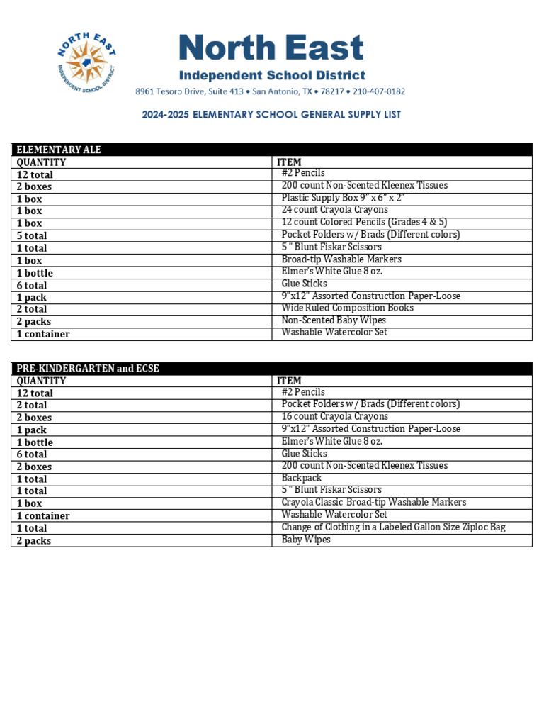 24-25 Elementary General Supply List | PDF | Conservation And ...