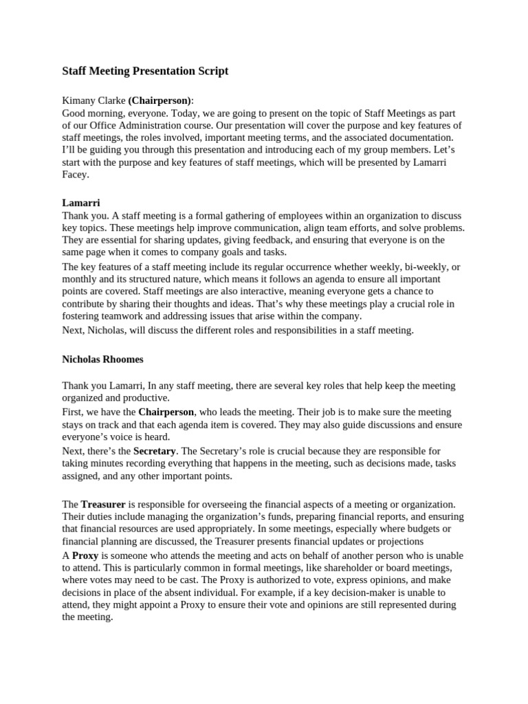 Staff Meeting Presentation Script | PDF