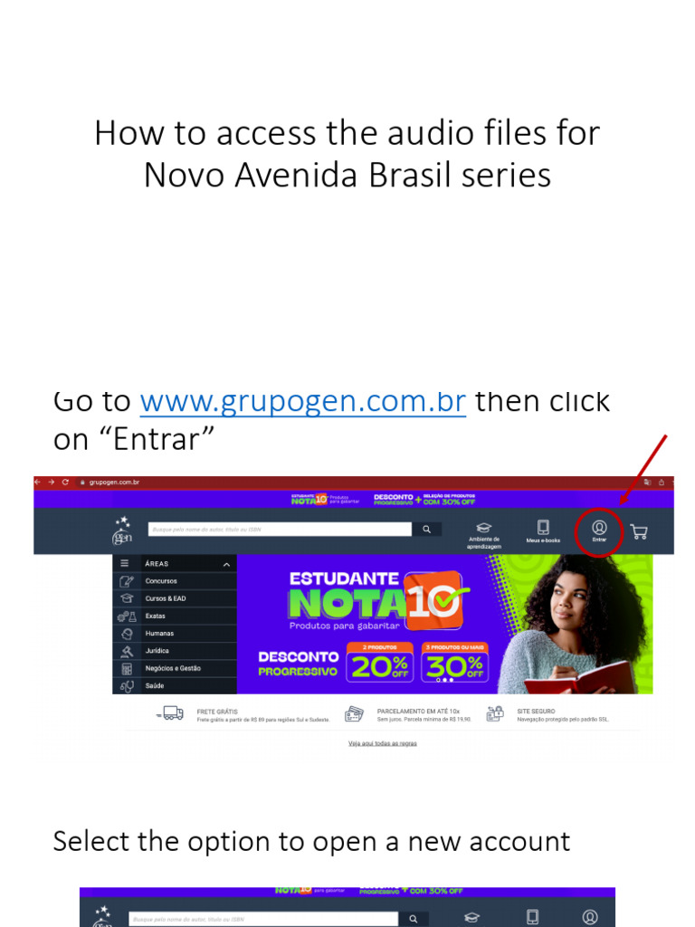 How to access the audio files for Novo Avenida Brasil series | PDF