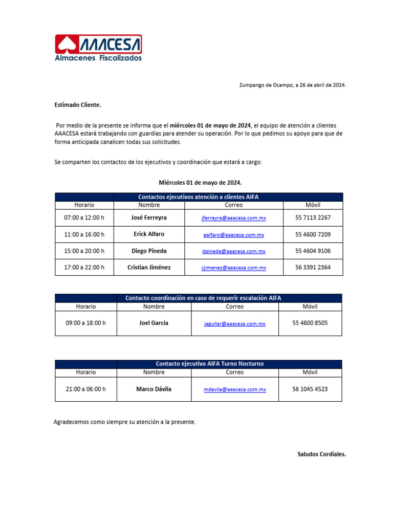 Guardias AIFA 01 de Mayo de 2024 | PDF