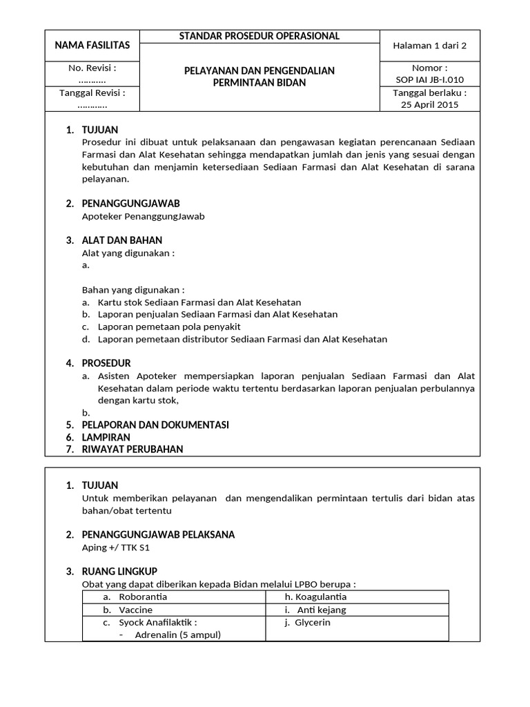 I-010 SOP Pelayanan Obat Permintaan Bidan (LPBO) | PDF