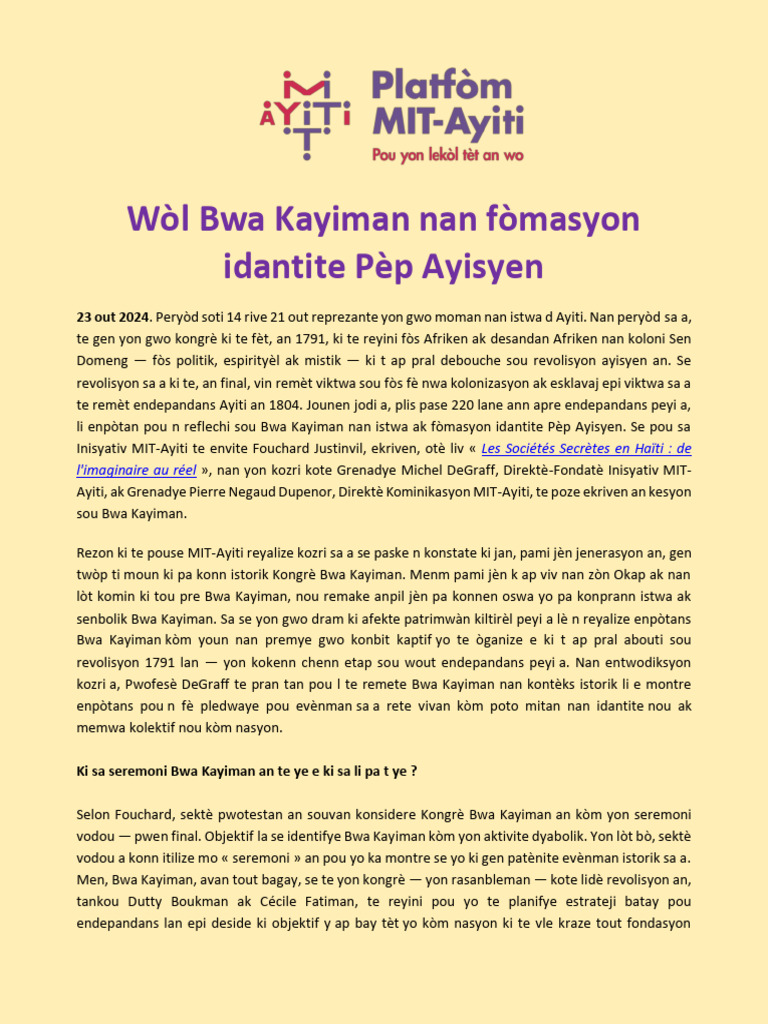 Resous Wol Seremoni Bwa Kayiman Nan Idantite Pep Ayisyen 20240823 | PDF