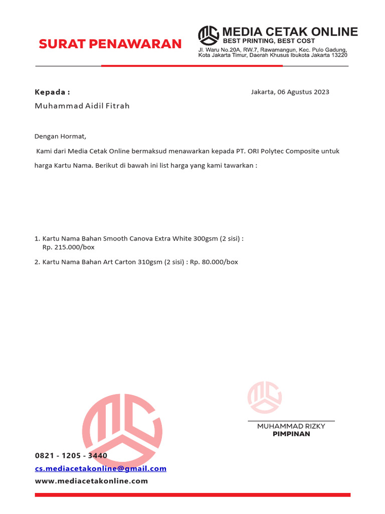 Surat Penawaran PT. ORI Polytec Composite | PDF