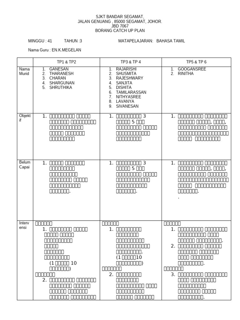 Borang Catch Up Plan STBS 2021 BT 6 Minggu | PDF