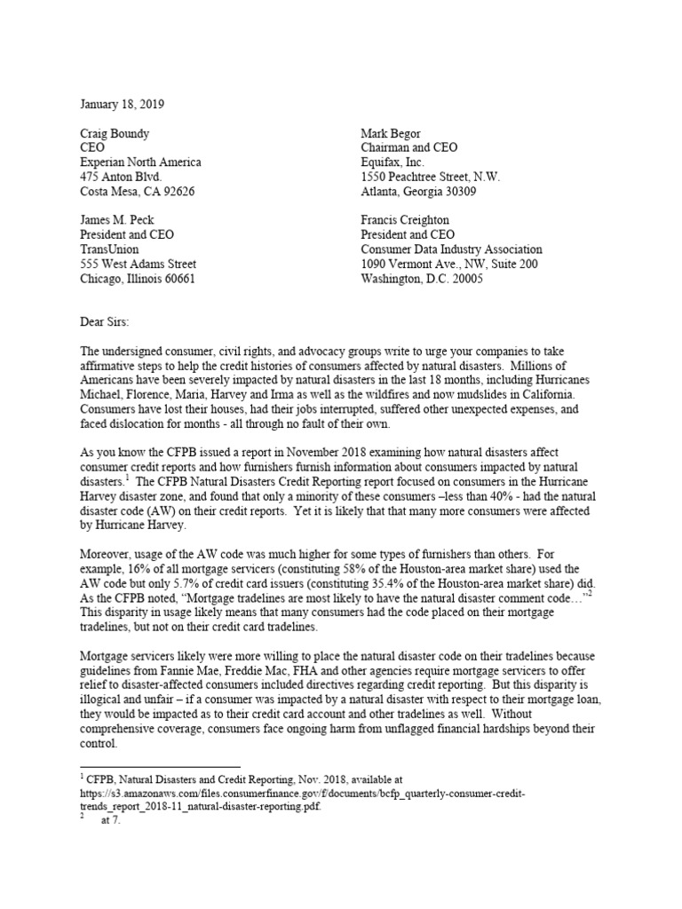 Letter With Sign Ons To CRAs Re Natural Disaster Credit Reporting | PDF