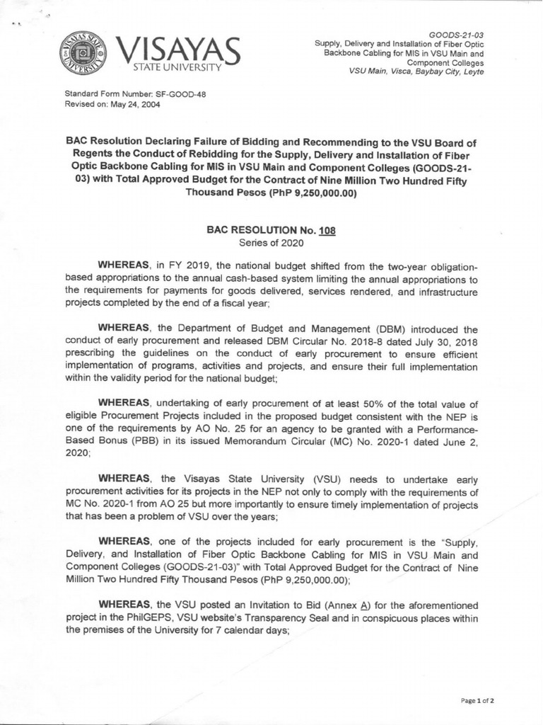 BAC Resolution No. 108 S2020 Declaring Failure of Bidding | PDF