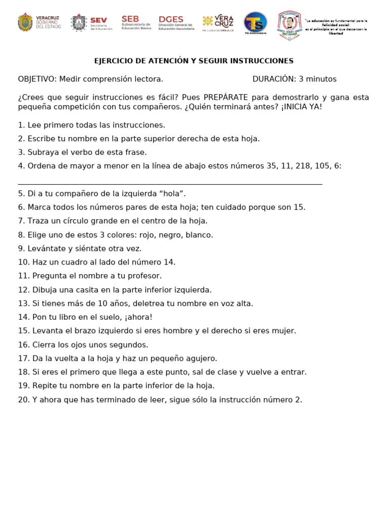 5. Ejercicio de Atención y seguir instrucciones | PDF