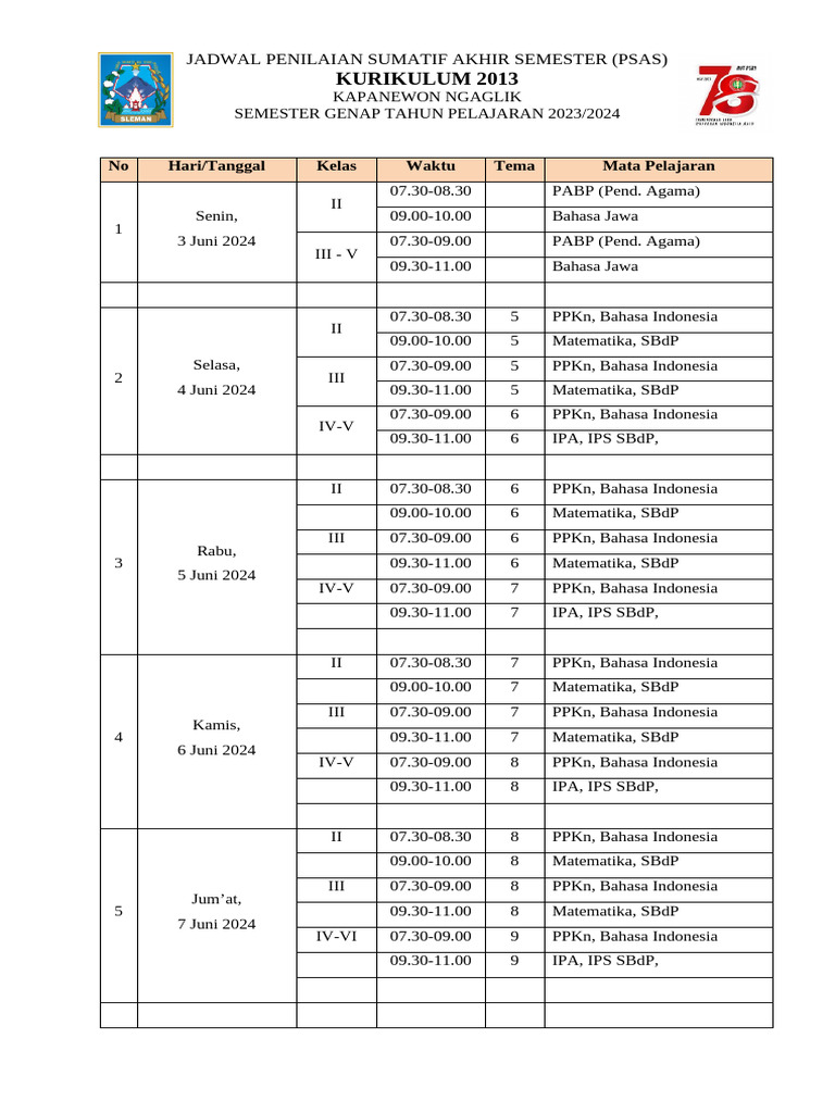 JADWAL PSAS GENAP 2023 2024 | PDF
